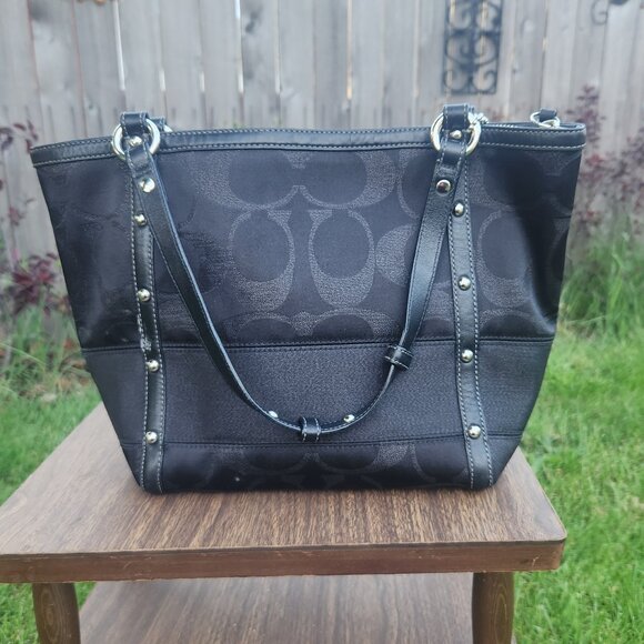 Coach | Bags | Coach Shimmer Signature Logo Stud Shoulder Bag Black ...